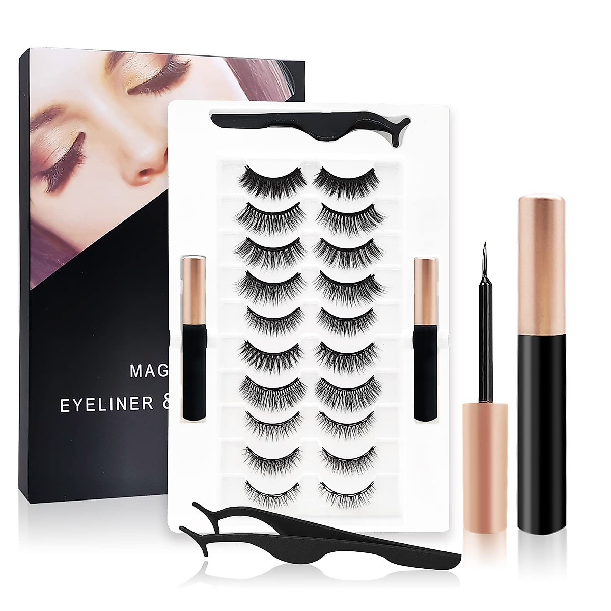 Magnetic Eyelashes Kit with Eyeliner, Magnetic Lashes Natural Looking 10 Pairs , 2 Pcs Magnetic Eyeliner, Reusable 3D False Eyelashes Lashes Pack, With lash tweezers，No Glue! Eyelashes Magnetic