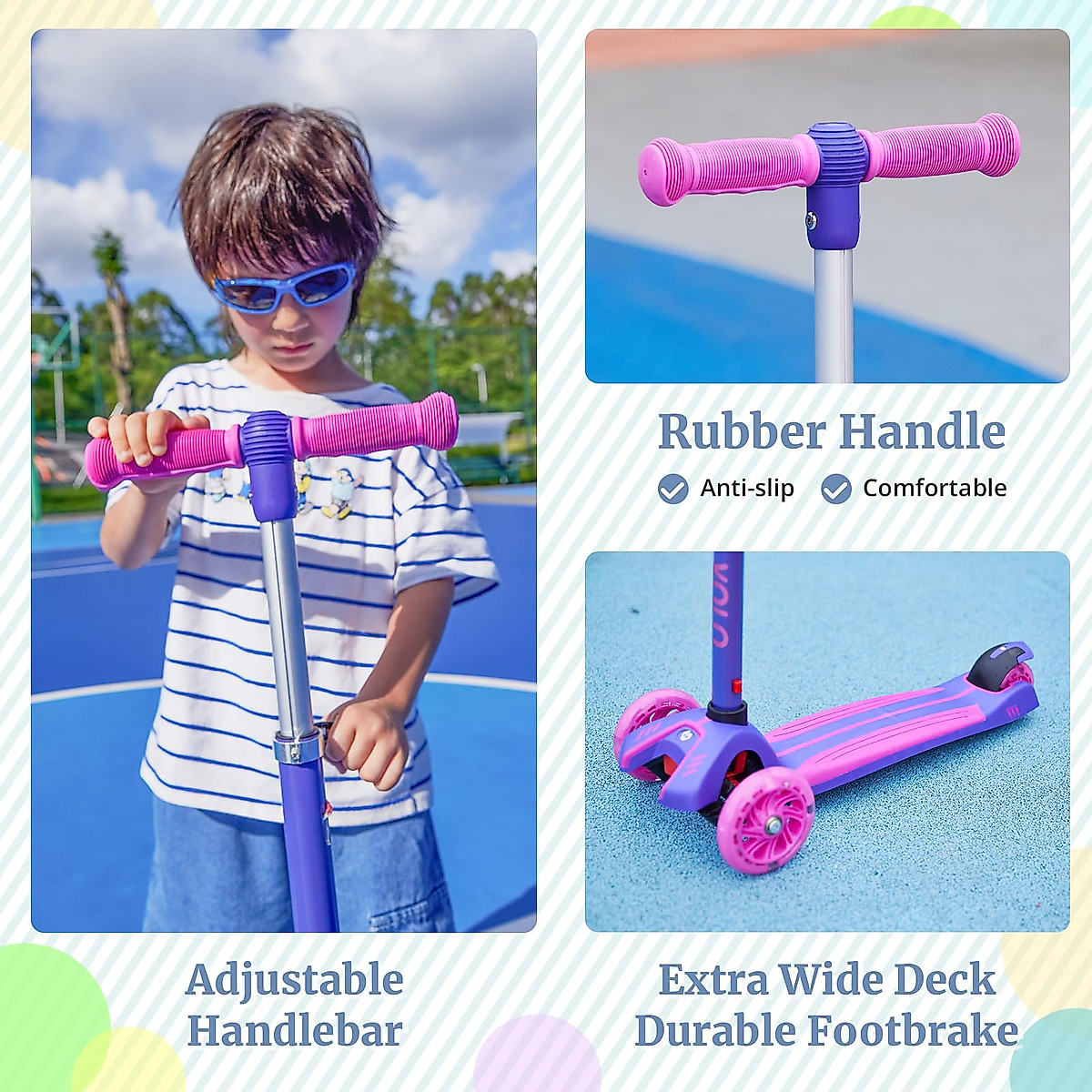 RideVOLO Kids' Kick Scooter for Ages 3-8, 3 Adjustable Heights, Flashing Wheels, 6" Wide Anti-Slip Deck and High Stability, Max Load 110lbs, Easy Assembly, Outdoor Activities, Gift for Boy/Girl Purple
