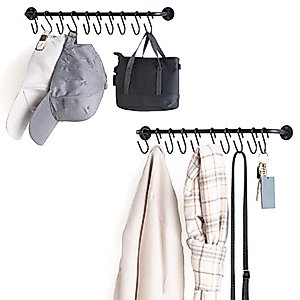 Mkono Coat Rack Wall Mount, Wall Coat Hooks for Hanging with 20 S Hooks, Heavy Duty Metal Rail Hat Hanger for Coat Keys Purse Belt Clothes Towel Holder in Entryway Bathroom Mudroom, Set of 2, Black