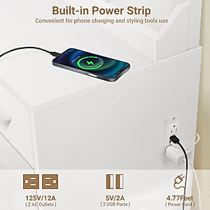 Likein Vanity Desk with Mirror and Lights, Makeup Vanity Desk with Lights, Modern Dressing Table with Charging Station 2 Drawers & Cabinet for Girls Women