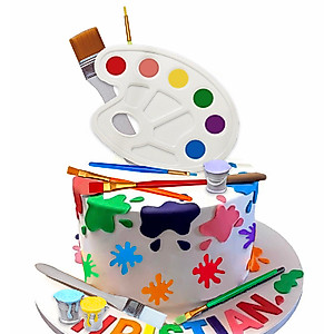 26 Pcs Art Cake Topper Paint Cake Decorations Painting Cake Toppers include Paint Pen Brush Painting Bucket Palette for Kids Birthday Baby Shower Art Themed Party Cake Decoration Supplies