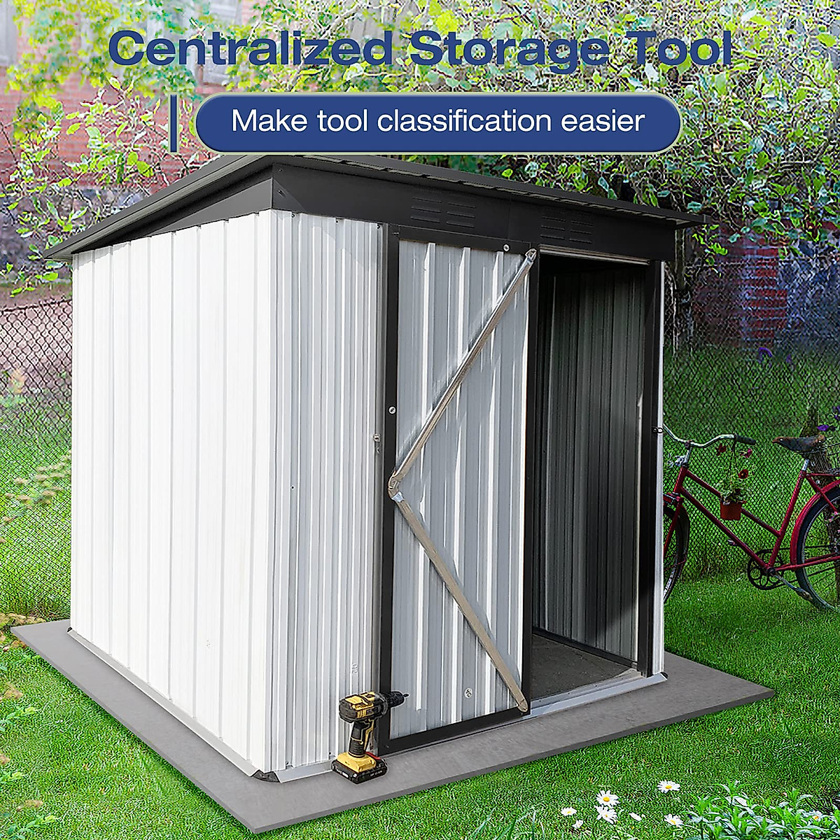 Lyromix 63.5'' × 33.8'' Metal Outdoor Storage Shed with Door & Lock, Waterproof Garden Storage Tool Shed for Backyard Patio,White Black