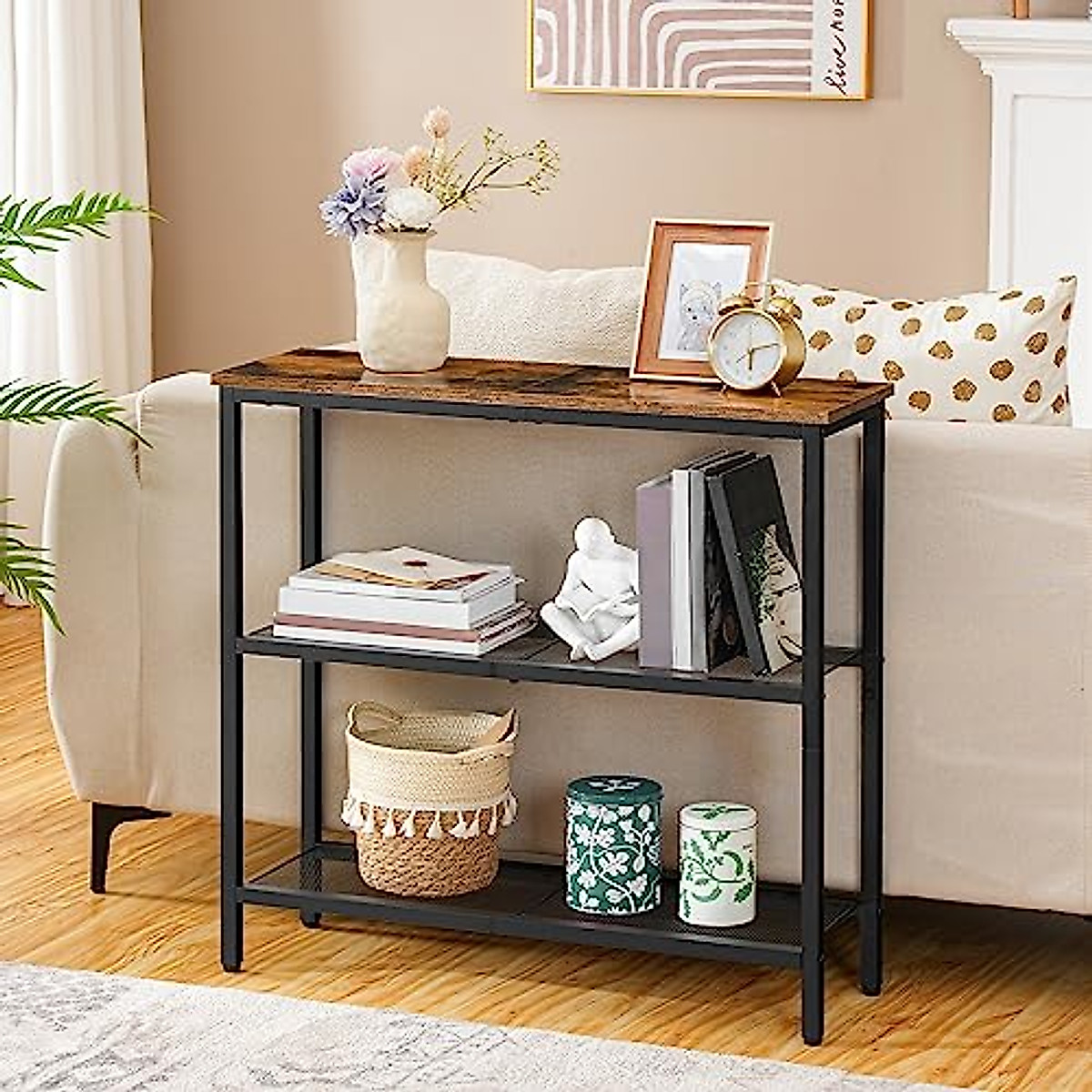 HOOBRO 29.5" Narrow Console Table, 3-Tier Entryway Table, Thin Sofa Table with Shelves, Side Table, Display Table, for Hallway, Entrance, Living Room, Bedroom, Rustic Brown and Black BF73XG01