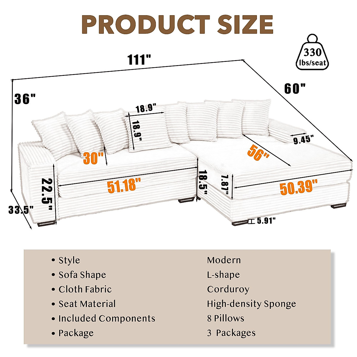 UPYOOE 111'' Modern Sectional Sofa, L-Shaped Corduroy Couch with Right Chaise Daybed, Extra-Wide Oversized Lounge, 8 Pillows, Corner Sofa Set for Living Room, Apartment, Office, Hotel, Bedroom, Black