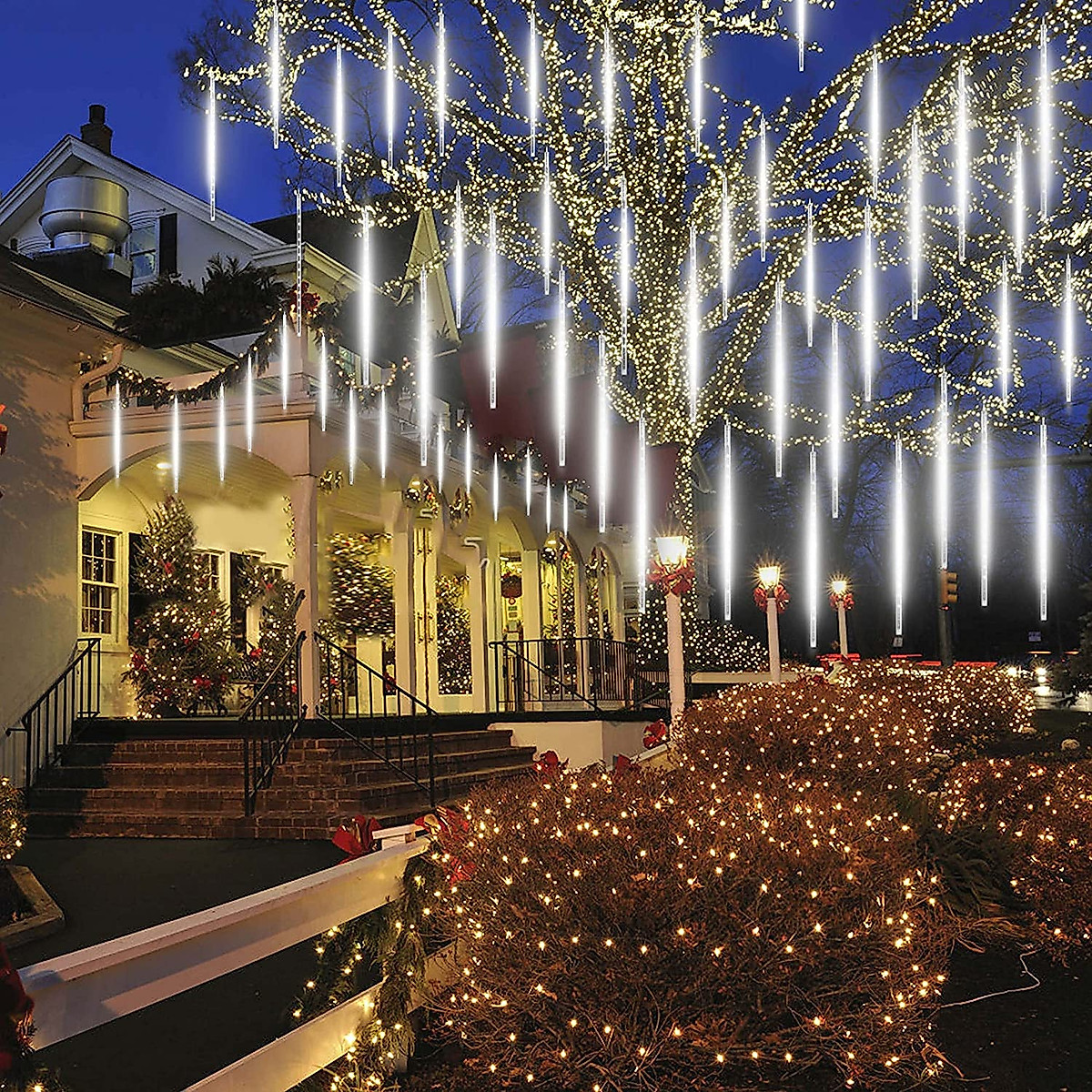 LED Christmas Lights, LED Meteor Shower Rain Lights White 8 Tubes 192 LEDs Waterproof Snow Falling Raindrop Icicle Garden Light for Christmas Tree Halloween Decoration Holiday Party Wedding (White)