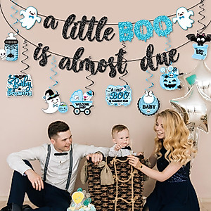Halloween Ghost Baby Shower Party Decorations, A Little Boo is Almost Due Blue Baby Decor for Boy and Girl, Spooky Birthday Decorations Boo Banner