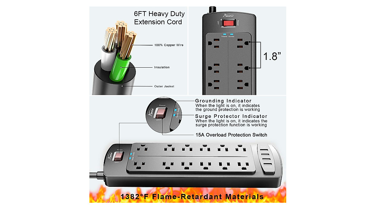 ALESTOR Surge Protector Power Strip with USB Ports