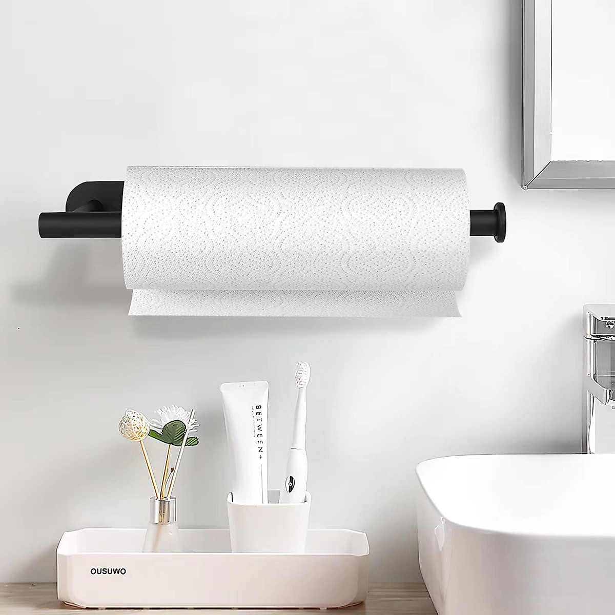 CXDCYN Thickened Paper Towel Holder - SUS304 Stainless Steel Paper Towel Holder Wall Mount, Self-Adhesive or Drilled, Under Cabinet Paper Towel Holder for Kitchen, Bathroom, Storeroom，Black 1-Pack