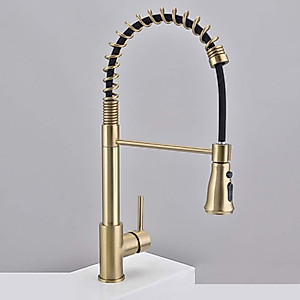 SHAMANDA Brass Kitchen Faucet High Arc Spring Kitchen Sink Faucet with Sprayer Single Handle Hole Pull Down Bar Sink Faucet Brushed Gold, L60001-3