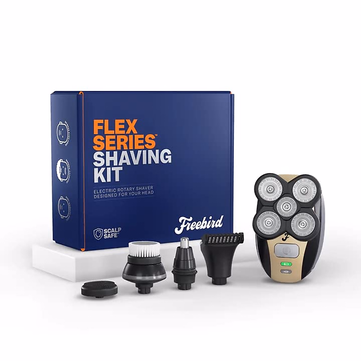 The FlexSeries Electric Head Hair Shaver - Freebird - Ultimate Mens Cordless Rechargeable Wet/Dry Skull & Bald Head Waterproof Razor with Rotary Blades, Clippers, Nose Trimmer, Brush, Massager