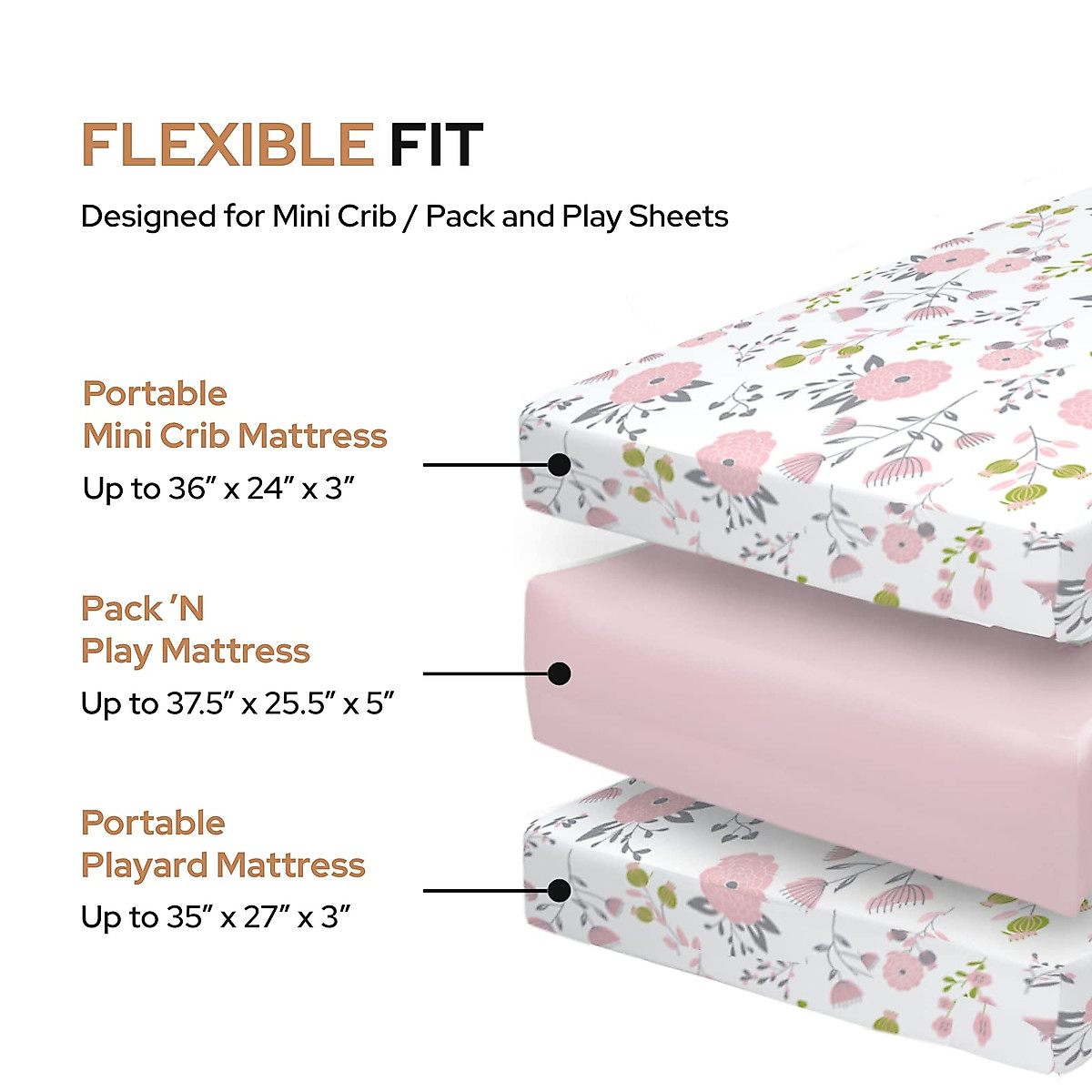 Mini Crib Sheet with Floral & Pink Pattern - 100% Organic Cotton Pack n Play Fitted Sheet - Premium Pack n Play Sheets - Compatible as Graco Pack n Play Sheet & Mini Crib Sheets - Pickle & Pumpkin