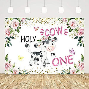 Ticuenicoa 5x3ft Holy Cow I'm One 1st Birthday Backdrop for Girls Baby Shower Photography Background Pink and Gold Floral Animals Bday Backdrops for Party Newborn Kids Supplies Photobooth Props…