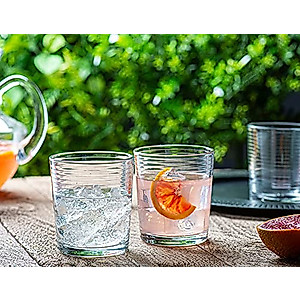 Le'raze Set of 16 Heavy Base Ribbed Durable Drinking Glasses Includes 8 Cooler Glasses (17oz) and 8 Rocks Glasses (13oz) - Clear Glass Cups - Elegant Glassware Set. Cordial Glasses