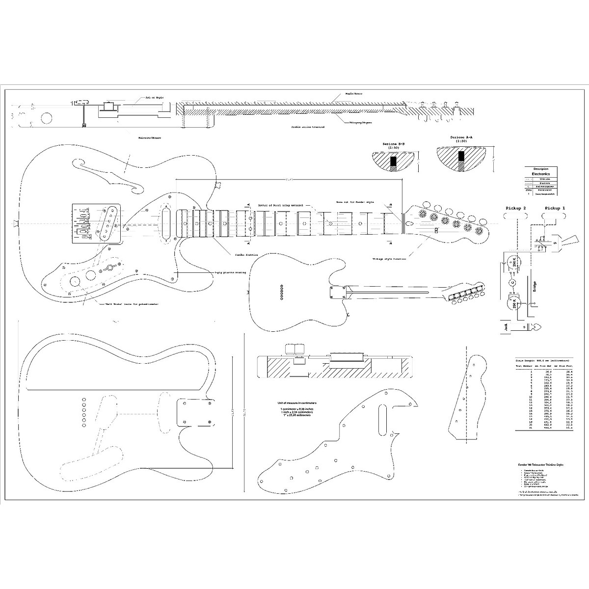 Full Scale Plans for the Fender Telecaster 1969 Thinline Electric Guitar - actual size