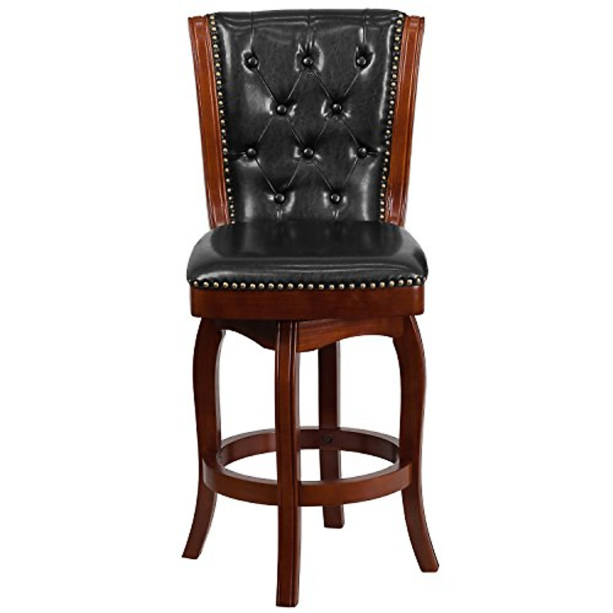 Flash Furniture 26'' High Cherry Wood Counter Height Stool with Button Tufted Back and Black LeatherSoft Swivel Seat