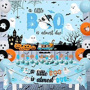 Balterever A Little Boo is Almost Due Baby Shower Decor Blue Orange Halloween Baby Shower Decors for Boys with Halloween Baby Shower Backdrop Cake Topper Spider Wall Sticker for Little Boo Party Decor
