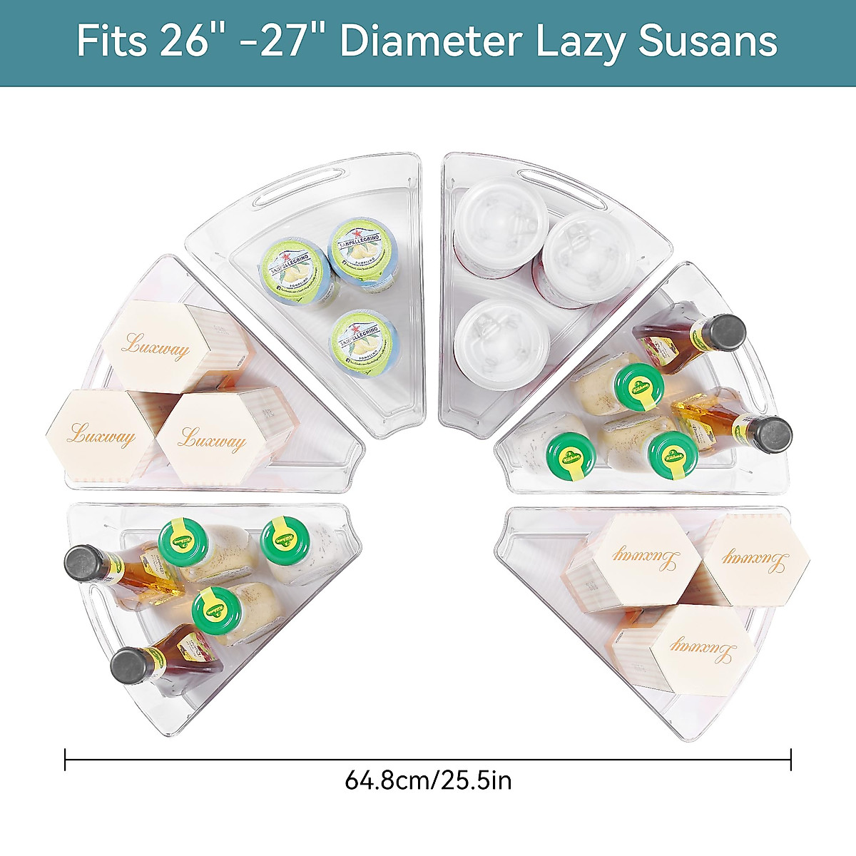 Oubonun Lazy Susan Organizers Set of 6, 10.2”x 9.4”x 4” Plastic Transparent Kitchen Cabinet Storage Bins with Handle, 4" Deep Container, 1/8 Wedge - Food Safe, BPA Free