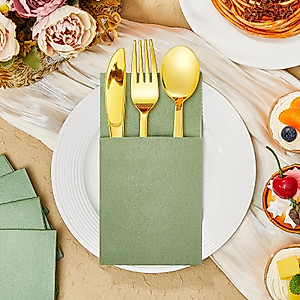 Tioncy 100 Pack Gold Plastic Silverware Cutlery Set Dinner Napkins with Built in Flatware Pocket Disposable 100 Forks Spoons Knives and 100 Like Cloth Paper Napkins for Dinner Wedding Party (Green)