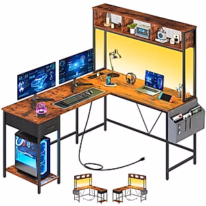 Yoobure L Shaped Desk with LED Strip & Power Outlet, Reversible L-Shaped Computer Desk, Corner Desks Home Office Desk with Drawer, Gaming Desk