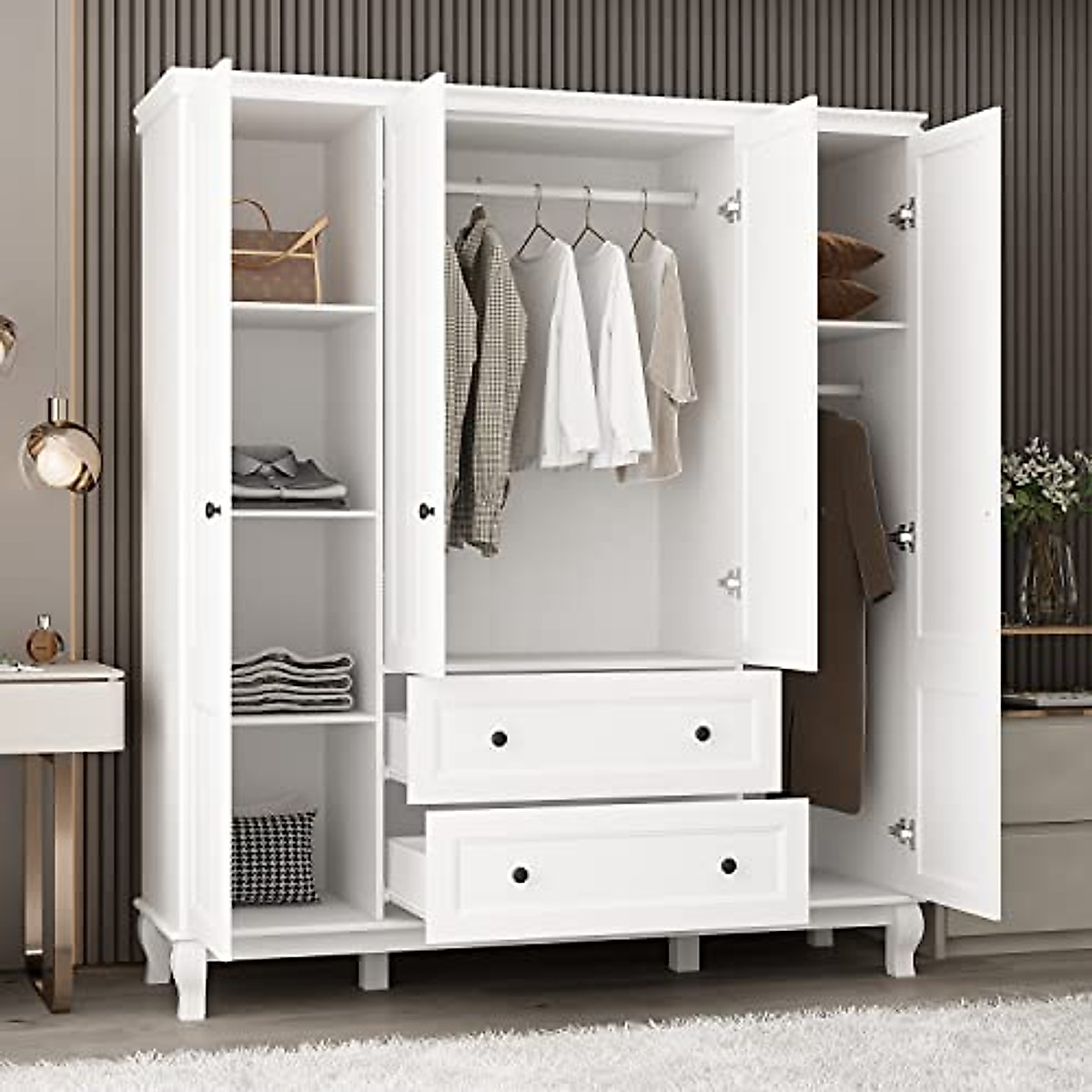 ECACAD Wide Wardrobe Armoire with 4 Doors, Shelves, 2 Drawers, 2 Hanging Rods and 7 Compartments, Wooden Closet Storage Cabinet for Bedroom, White (63”W x 18.9”D x 71.3”H)
