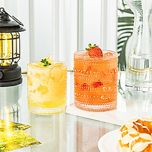 Glass Cups Vintage Drinking Glasses Set of 4, Clear Hobnail Glasses Tumbler, Embossed Design Glassware, Romantic Water Glasses, for Beverage, Juice, Cocktail, Soda, Water, Whiskey (Large)