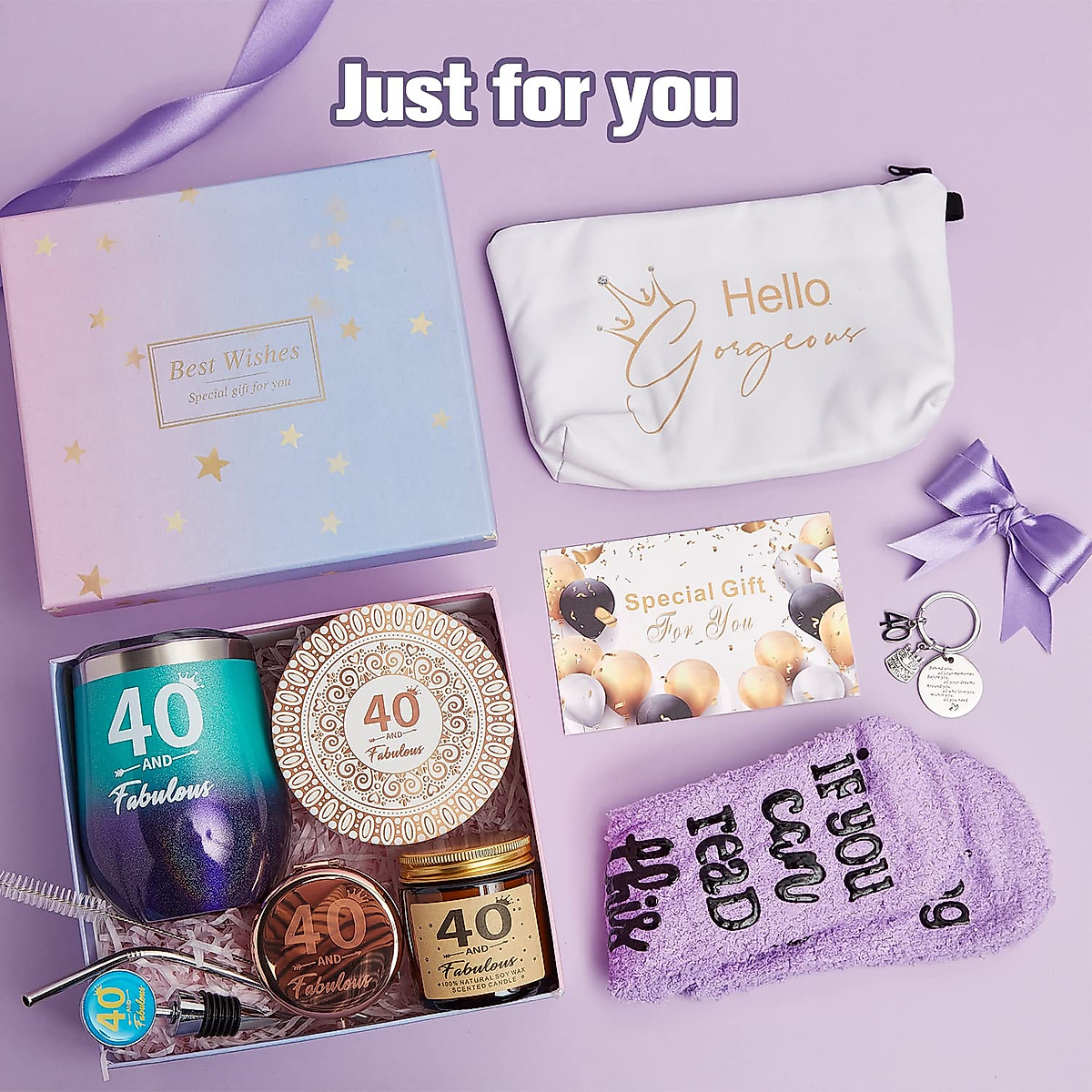 40th Birthday Gifts for Women - Birthday Gifts Box for Her Include Tumbler, Gift Cards,Socks, Straw, Candle, Coaster, Stopper and Brush - Ideal Birthday Gift Box for Women, Coworker, Sister, Aunt