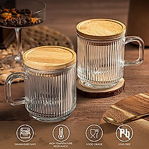 Combler Glass Coffee Mugs, Espresso Cups for Coffee Bar Accessories, Clear Coffee Mug Set of 2, 11oz Glass Coffee Cups with Lids and Spoon, Cute Ribbed Glassware Set for Latte, Cappuccino, Tea, Gift
