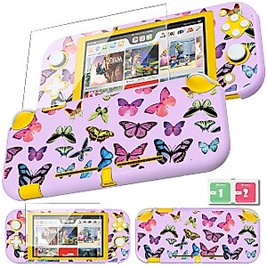 Uppuppy (2In1) Competible with Switch Lite Case Protector with Screen Protector for Girls Boys Purple Butterfly Cute Slim Fashion Esthetic Design Protective Case Cover Hard Shell