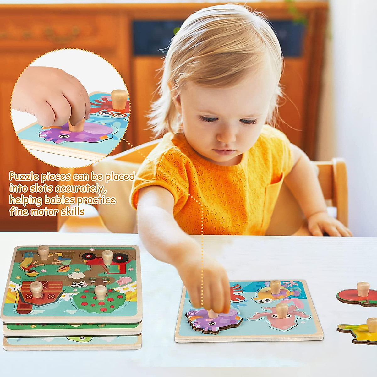 Funsland Wooden Peg Puzzles 4 Pcs Animal Patterns Puzzles Infant Fine Motor Skill Wood Puzzle Set for 1 2 3 Years Old