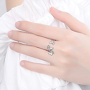 Adjustable Leaf Open Ring Silver Plated Cubic Zirconia Opening Ring Dainty Butterfly Open Band Ring Fashion Style Adjustable Animal Ring Silver Butterfly Ring Double Butterfly Ring Jewelry-Butterfly