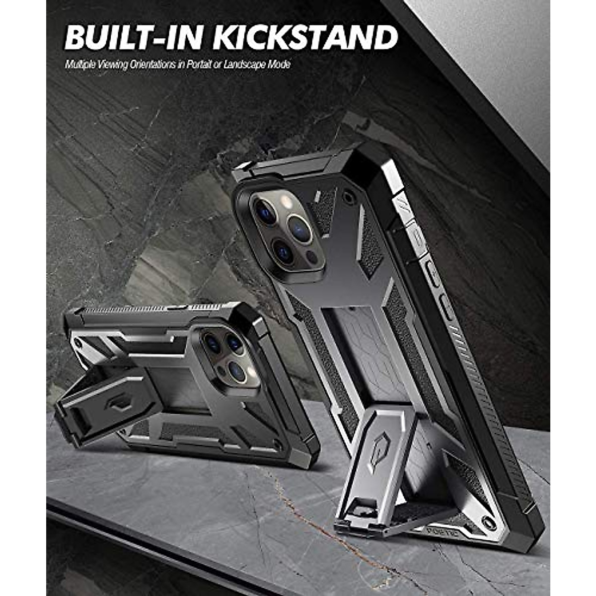 Poetic Spartan Series for iPhone 12 Pro Max 6.7 inch Case, Full-Body Rugged Dual-Layer Metallic Color Accent with Premium Leather texture Shockproof Protective Cover with Kickstand, Metallic Gun Metal
