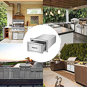 Outdoor Kitchen Drawer 14W x8.5H x22.8D inch 304 Stainless Steel Single Layer BBQ Drawer with Stainless Steel Handle,Very Suitable for Outdoor Kitchen or Barbecue Island(14W x 8.5H x 22.8D Inch)
