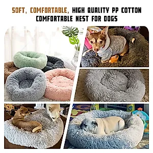 Kimpets Dog Bed Calming Dog Beds for Small Medium Large Dogs - Round Donut Washable Puppy Dog Bed, Anti-Slip Faux Fur Fluffy Donut Cuddle Anxiety Cat Pet Bed(20" Dark Grey)