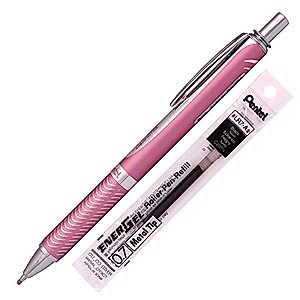Pentel Energel Alloy RT Gel Pen Medium Point Metal Tip Ballpoint Pen Black ink + Refill (Pink Body)