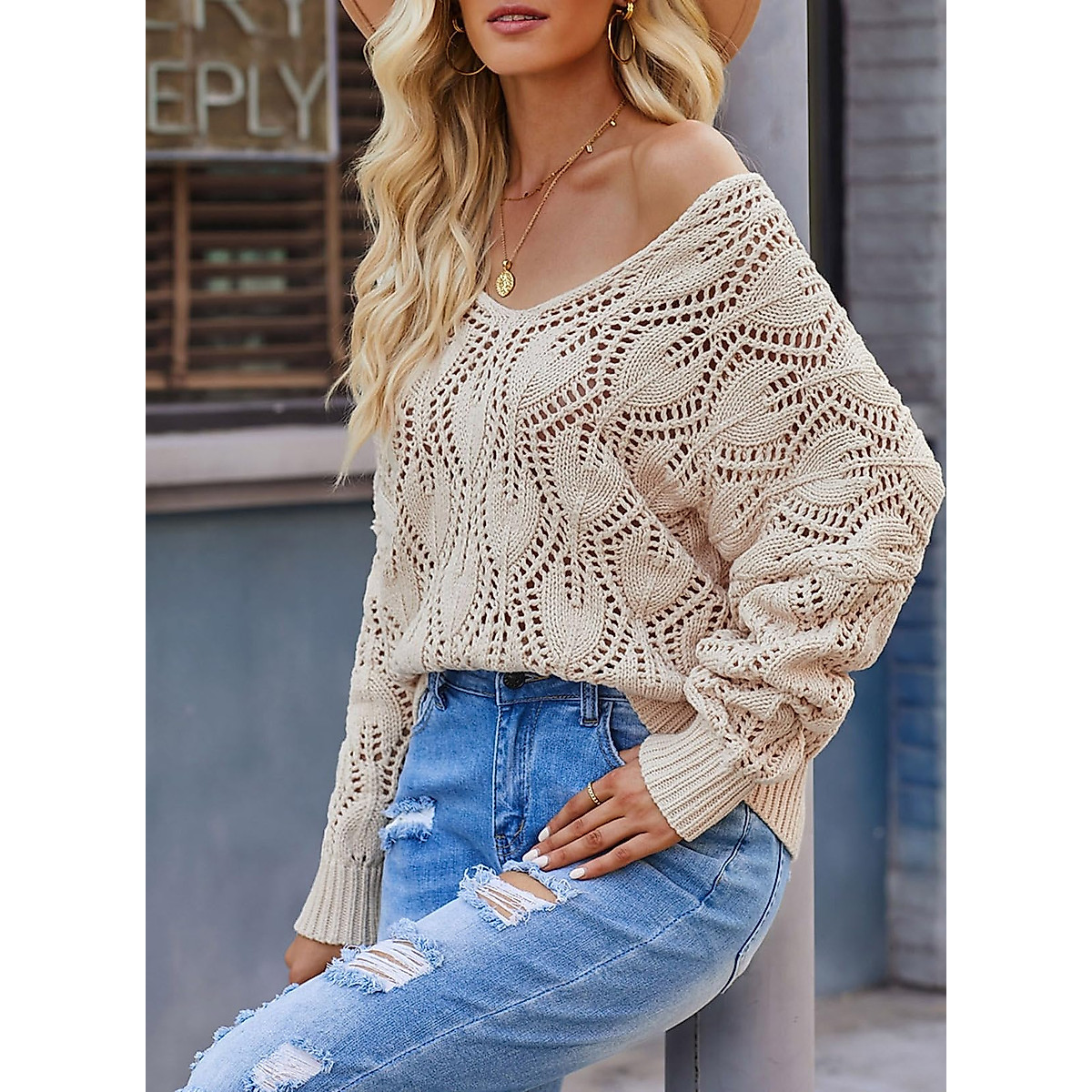 Dokotoo Autumn Sweaters V Neck Crochet Hollow Out Lightweight Oversized Pullover Sweaters Off The Shoulder Sweater for Women Apricot Large