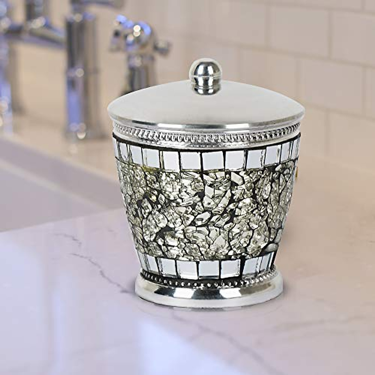 nu steel Iceberg Ice Collection Qtip Dispenser Bathroom Vanity Metal Storage Organiser Canister Apothecary Jar for Cotton Swabs, Rounds, Balls, Ice Mosaic Finish