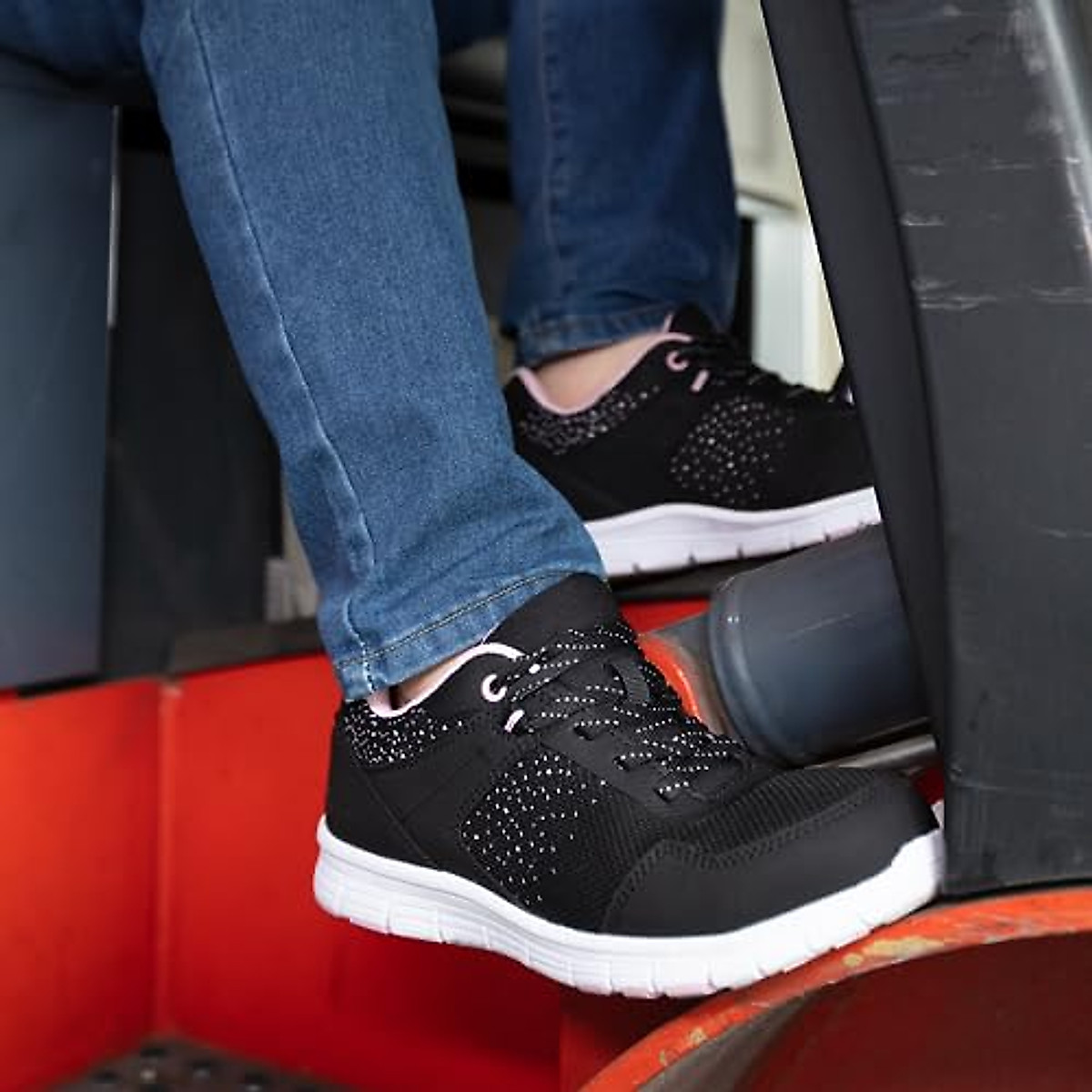 SPIEZ Lightweight Composite Toe Safety Shoes for Women, Non-Slip Puncture Proof Work Shoes for Ladies, Breathable Safety Toe Sneakers for Work and Daily Wear (Women Size 7) Black-Pink