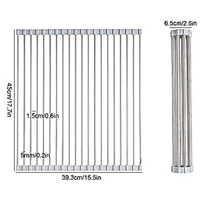 Attom Tech Home 17.7" x 15.5" Large Dish Drying Rack, Roll Up Dish Racks Multipurpose Foldable Stainless Steel Over Sink Kitchen Drainer Rack for Cups Fruits Vegetables