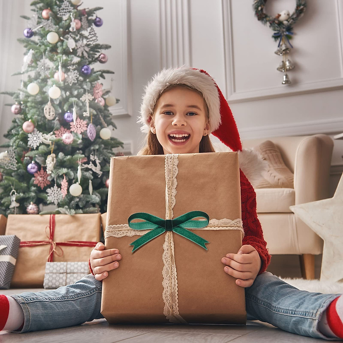 Syhood 100 Yards Christmas Ribbon Spool 3/8 Inch Rustic Crafts Gift Bows Ribbon Velvet Christmas Wreath Bow for Christmas(Green, 3/8 Inch x 100 Yard)