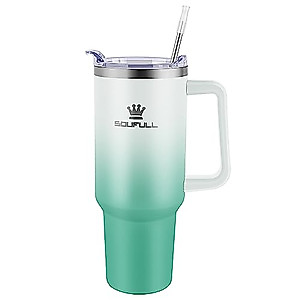 40 oz Tumbler with Handle and Straw Lid, 100% Leak-proof Travel Coffee Mug, Stainless Steel Insulated Cup for Hot Cold Beverages, Keeps Cold for 34Hrs or Hot for 10Hrs, Dishwasher Safe (WhiteGreen)