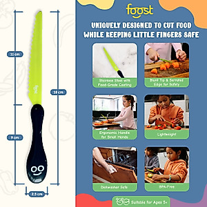 Foost Kids Knife - Kitchen Safe Kids Knife for Real Cooking & Cutting Vegetables & Food - Next Knife for Kids Aged 5+ with Stainless Steel Coat, Longer Serrated Blade, Blunt Tip, & Easy Grip Handle