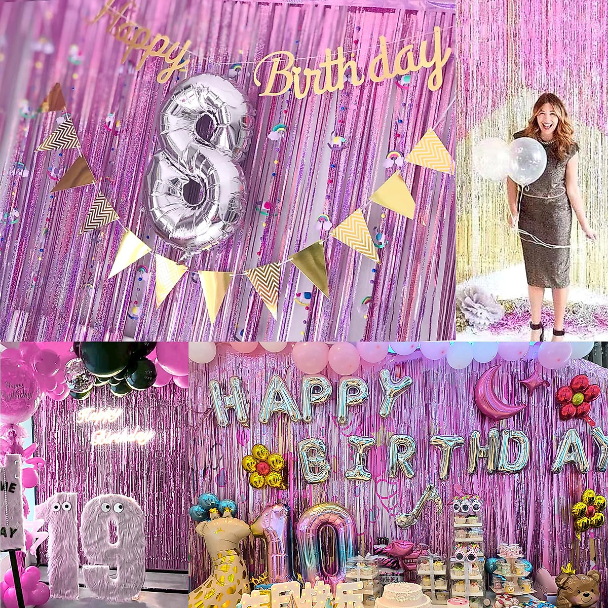 4 Pack Pink Tinsel Curtain Metallic-12.8x8.2 Feet, Slmeno Glitter Pink Fringe Curtain, Pink Party Curtain, Pink Tinsel Backdrop, Pink Streamer Backdrop, Pink Foil Fringe Curtain, Pink Glitter Backdrop