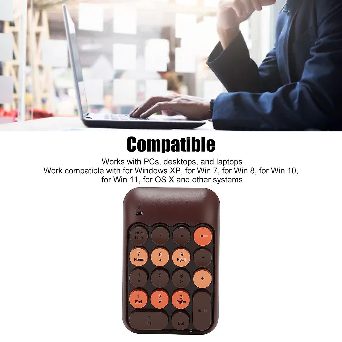 Retro Color 2.4GHz Numeric Keypad with USB Receiver for Laptop, Portable 18 Keys Wireless Number Pads Round Keycaps Auto Sleep Accounting Numpad Compatible with OS X (Coffee Color)