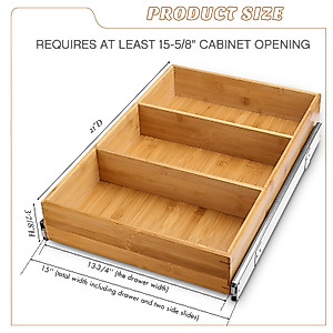 Pull Out Cabinet Drawer Organizer, Sliding Bamboo Wood Storage Rack Organization, Gliding Cupboard Shelf for Kitchen, Pantry, Slide Out Spice Rack Container Lid Organizer with Dividers, 14”W x 21”D