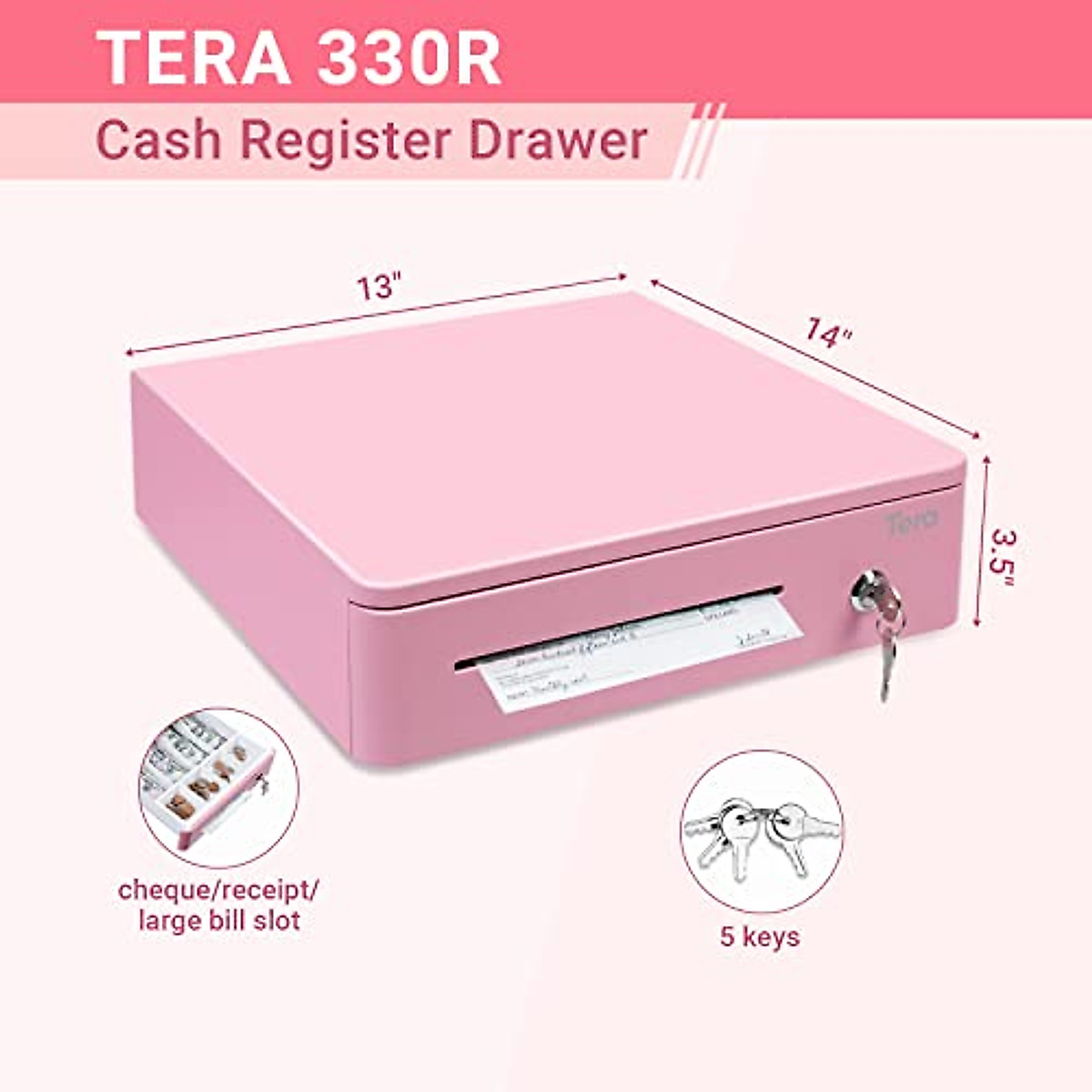Tera 13" Auto Open Cash Register Drawer Heavy Duty with Micro Switch Fully Removable Insert Tray 5 Keys 4 Bill 6 Coin Media Slot 12V RJ12 Key-Lock (Round Corner) for POS System Small Business 330R