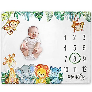 Safari Jungle Baby Monthly Milestone Blanket, Jungle Animals Milestone Blanket for New Mom, Giraffe Elephant Baby Growth Chart Monthly Blanket, Includes Marker (Blue, 50"x40")