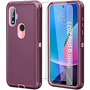 Qinmay for Moto G Play 2023 Case with HD Screen Protector (2 Packs),Motorola Moto G Play 2023 Phone Case 3 in 1 Heavy Duty Armor Shockproof Phone Case for Motorola Moto G Play 2023 (WineRed Pink)