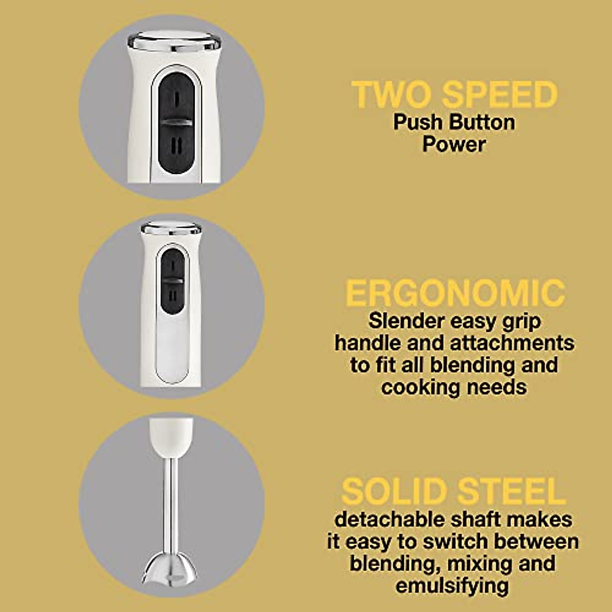 Rae Dunn Immersion Hand Blender- Handheld Immersion Blender with Egg Whisk and Milk Frother Attachments, 2 Speed Blender, 500 Watts, Stainless Steel Blade (Sand)