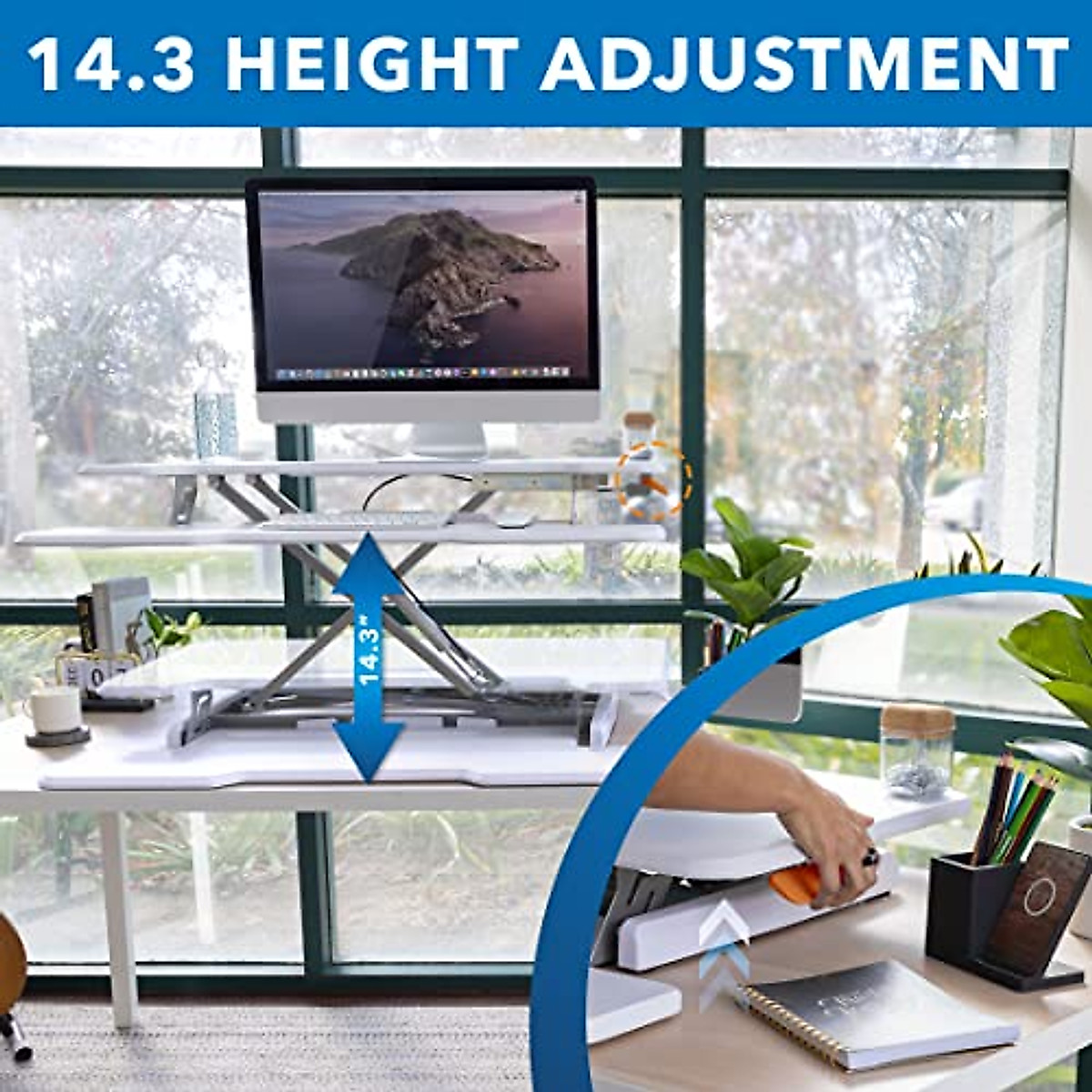 Mount-It! Height Adjustable Stand Up Desk Converter, 38” Wide Tabletop Standing Desk Riser with Gas Spring Desktop Standing Desk with Keyboard Tray Fits Two Monitors, White