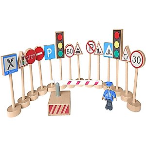 Kaptin 15 Pcs Wooden Street Signs Playset, Traffic Signs Lights Playset for Children Play